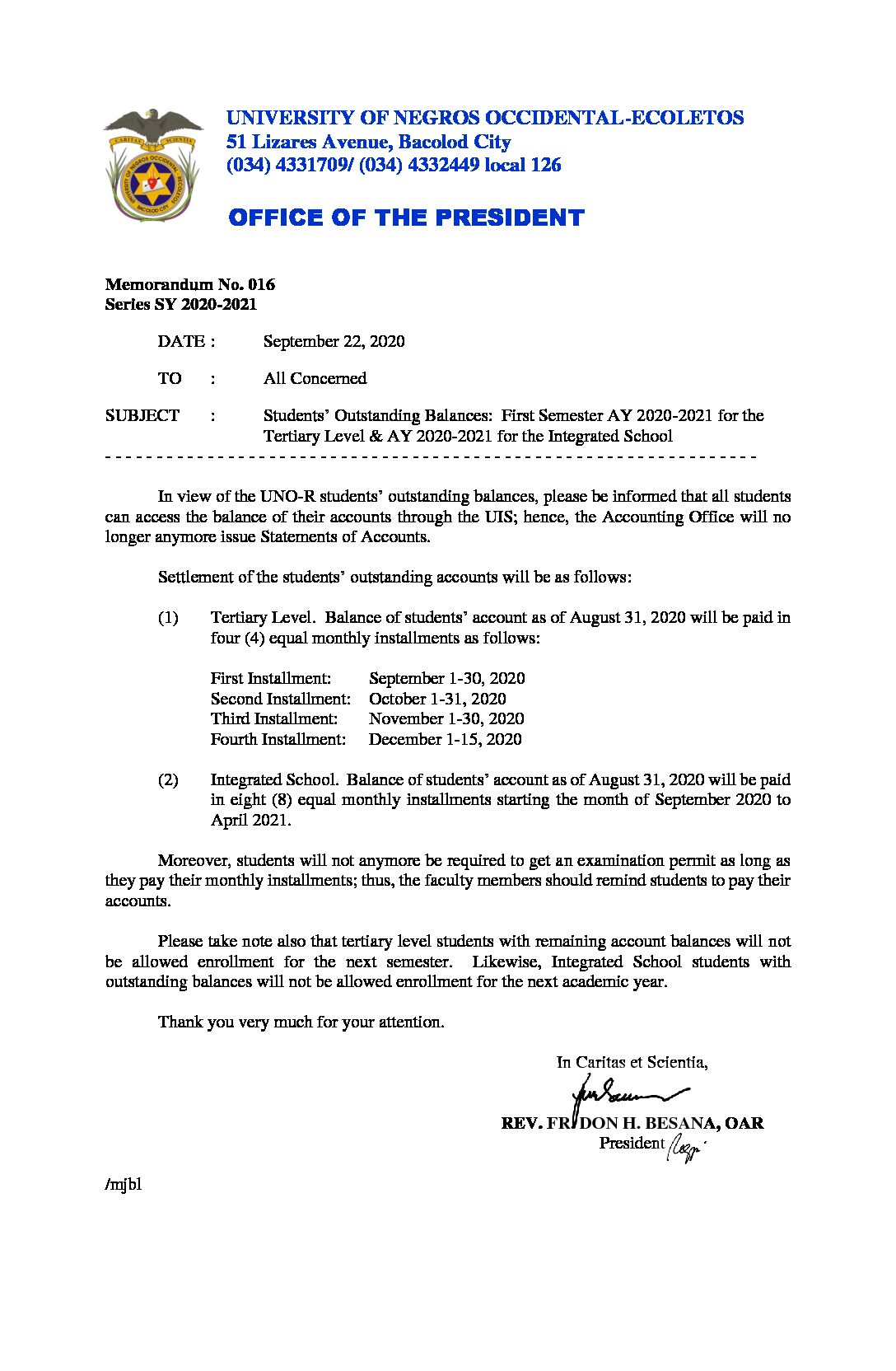 Memorandum No. 016 Series SY 2020-2021 – University of Negros ...